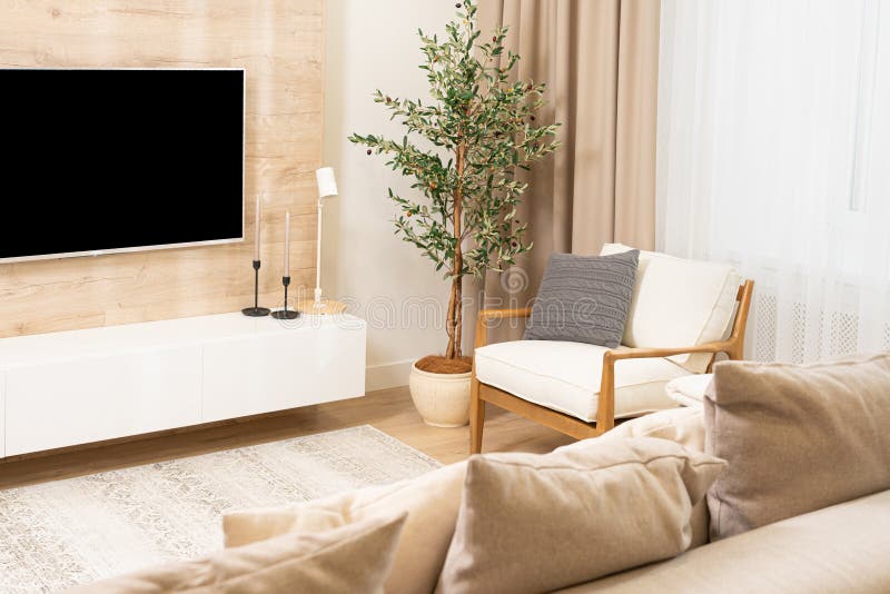 TV Wall Mount in Modern Living Room Side View Stock Image - Image of ...