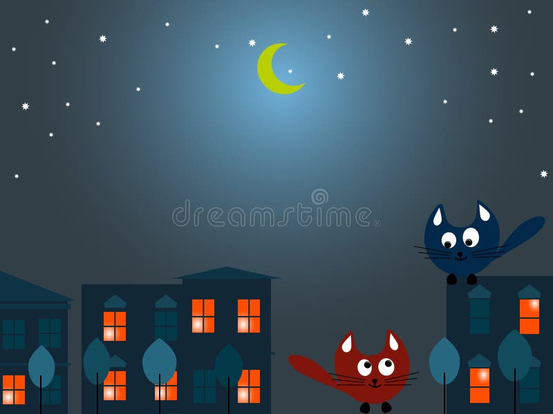 Twee katten bij nacht vector illustratie. Illustration of sterren ...