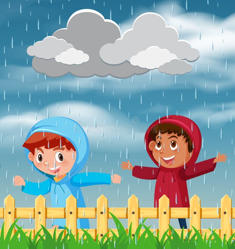 Twee Kinderen Die in De Regen Spelen Vector Illustratie - Illustration ...