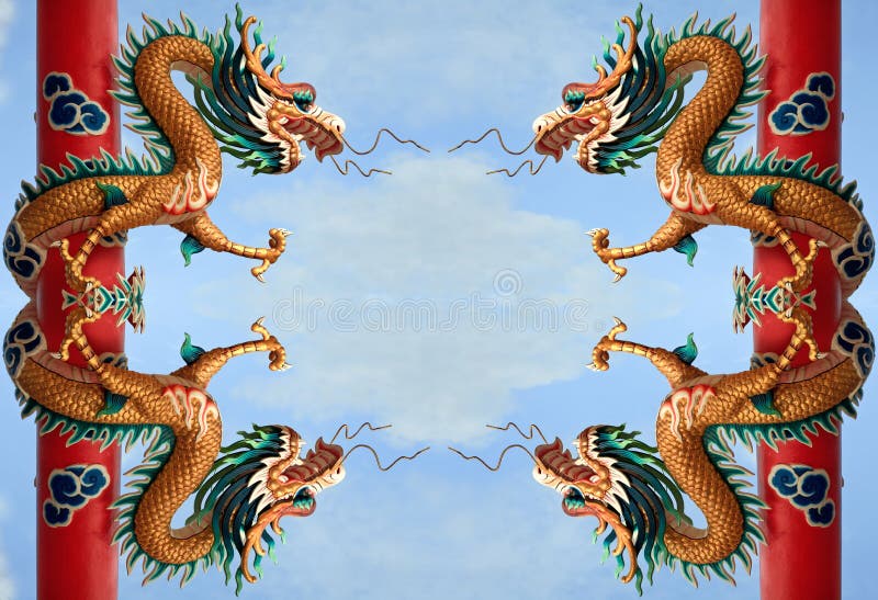 Tweeling Gouden Chinese Draak Stock Afbeelding - Image of beeldhouwwerk ...