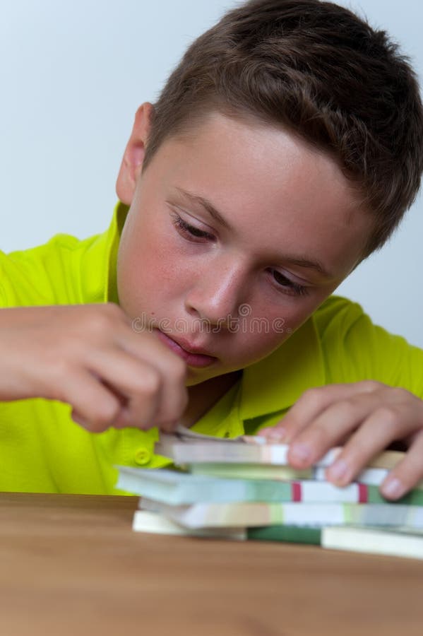 Tween Boy Counting Dollar Bills Stock Image - Image of money, save ...
