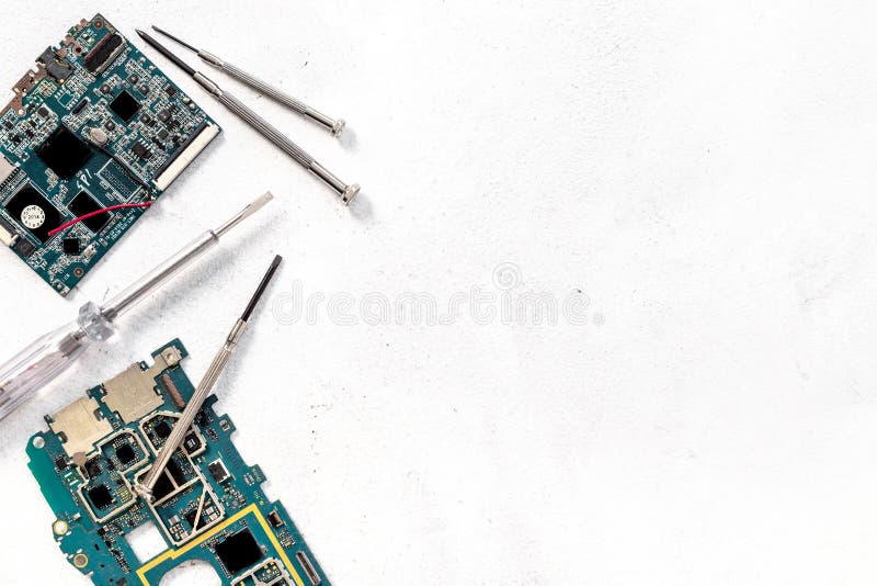 Tweezer with Microchip on Circuit Board. Tech Support or Repair Servise ...
