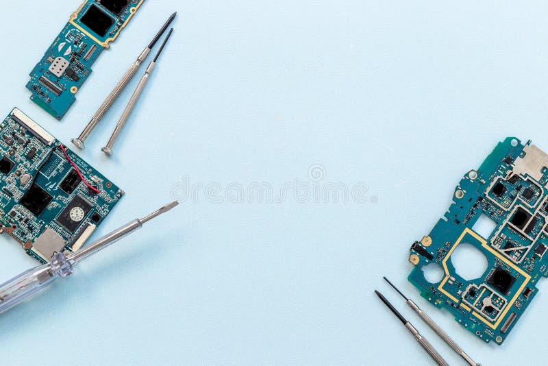 Tweezer with Microchip on Circuit Board. Tech Support or Repair Servise ...