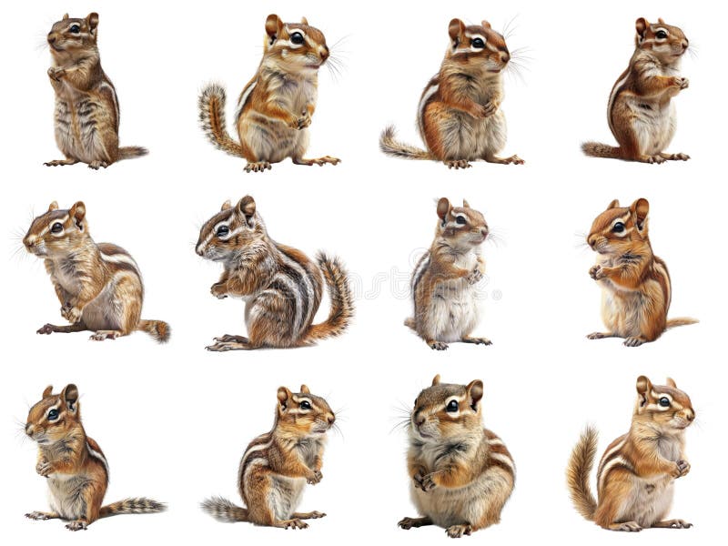 Twelve Adorable Chipmunks Posing on White Background Stock Photo ...