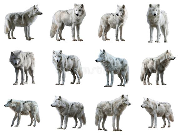 Twelve Arctic Wolves in Various Poses Isolated on White Background ...