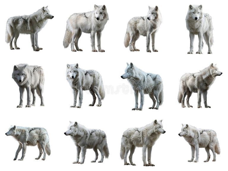 Twelve Arctic Wolves in Various Poses Isolated on White Background ...