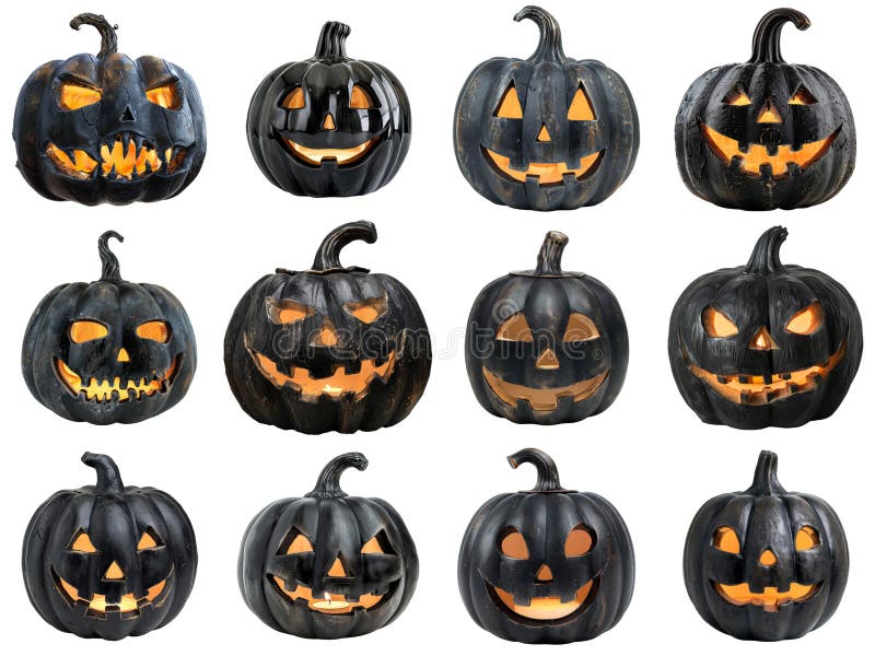Twelve Black Carved Pumpkins with Glowing Faces Stock Illustration ...