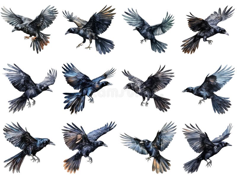 Twelve Black Crows in Flight with Spread Wings Stock Illustration ...