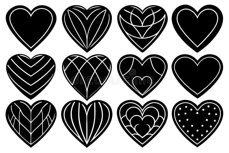 Twelve Black Heart Illustrations with Diverse Line Patterns Fill a Grid ...