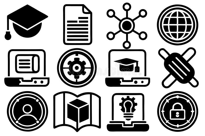 Twelve Black and White Icons Representing Various Educational and ...