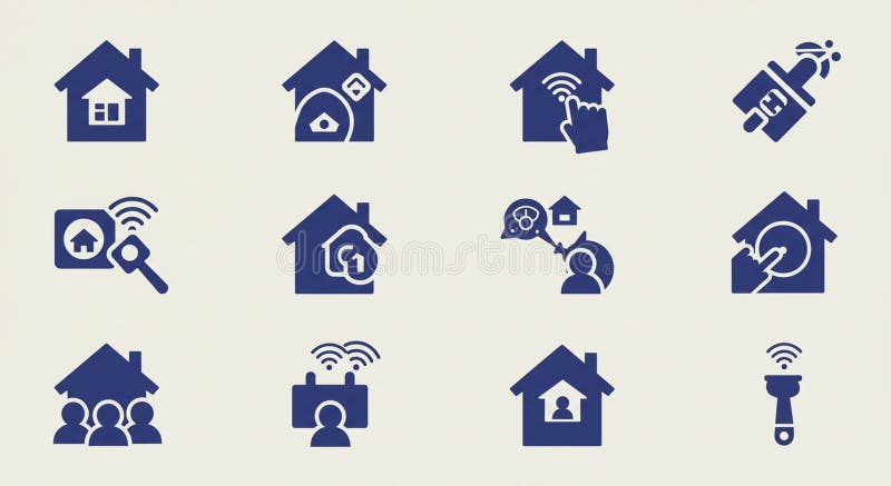 Twelve Blue Icons on a Light Background Represent Various Smart Home ...