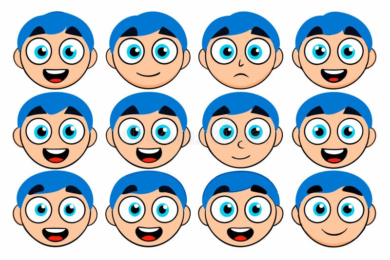 Twelve Cartoon Faces with Blue Hair and Large Eyes Arranged Stock ...