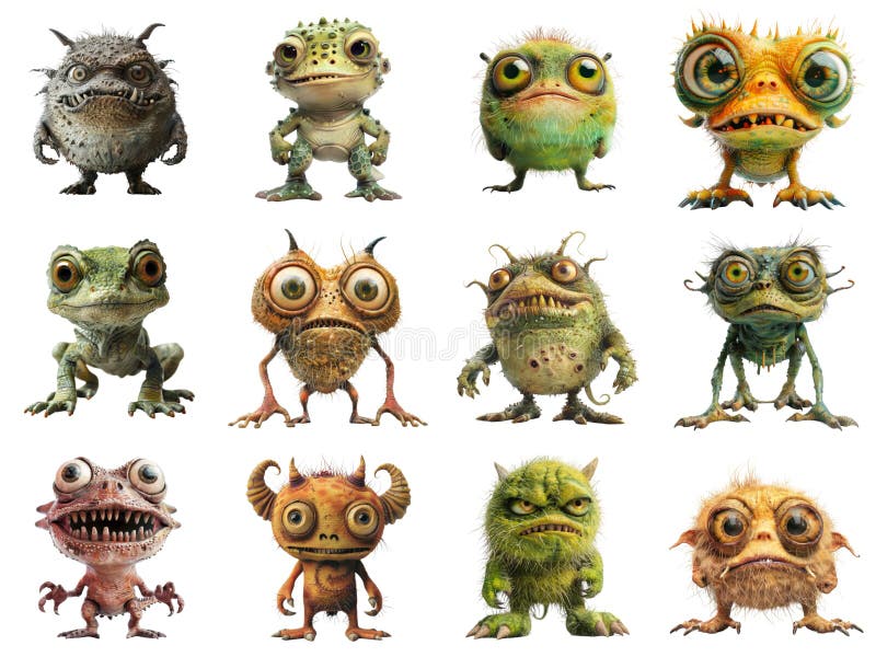 Twelve Cartoon Monsters with Varied Expressions and Features Stock ...