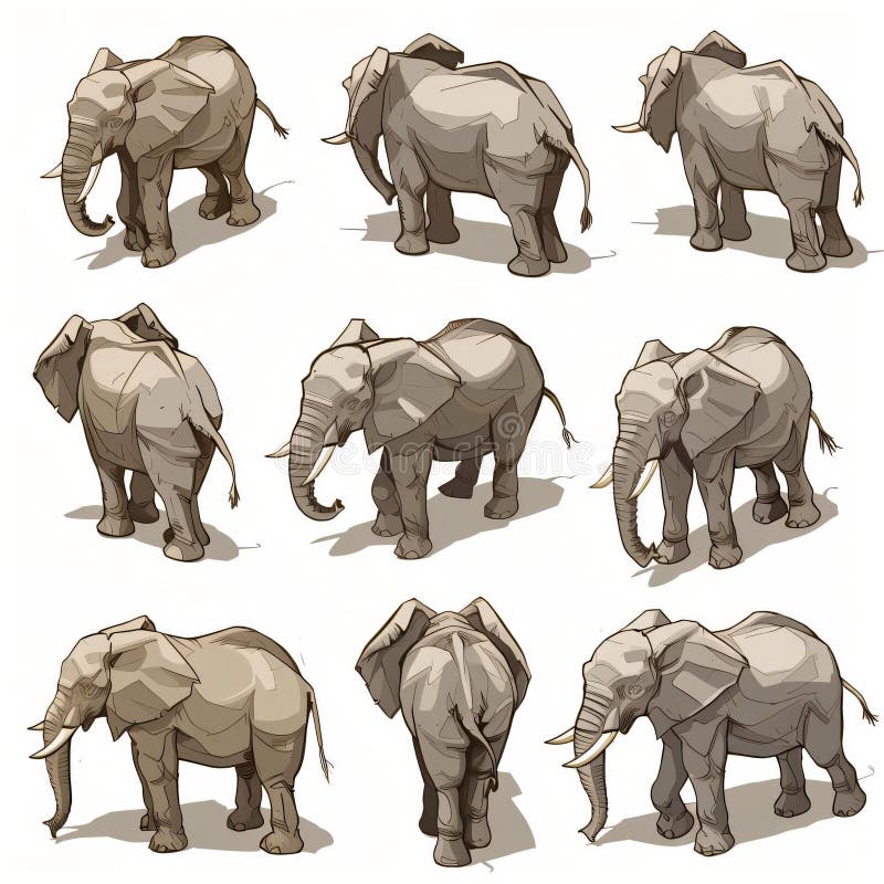 Twelve Cartoonstyle Elephant Illustrations Each Showcasing Unique Poses ...