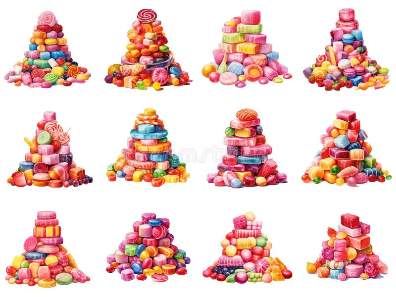 Twelve Colorful Candy Piles with Various Shapes and Flavors Stock Photo ...