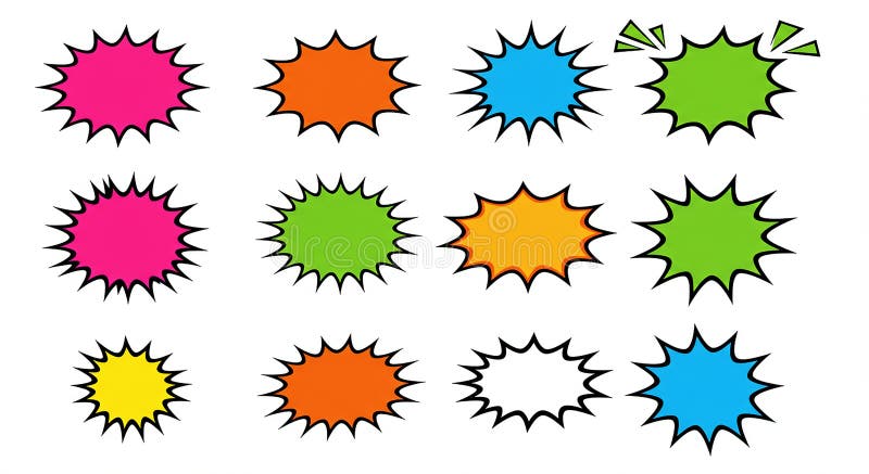 Twelve Comic-style Burst Shapes are Arranged in a Grid Against a White ...