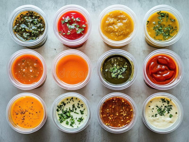 Twelve Delicious Sauce Cups, Variety Pack Stock Illustration ...