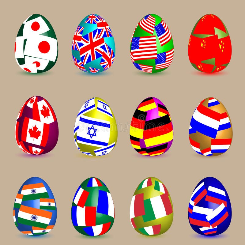 Twelve Easter Eggs of Different Colors with Flags of Different ...