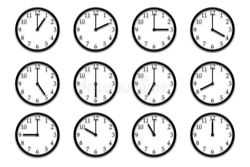 Twelve Embossed Wall Clocks, Each Showing a Different Full Hour of the ...