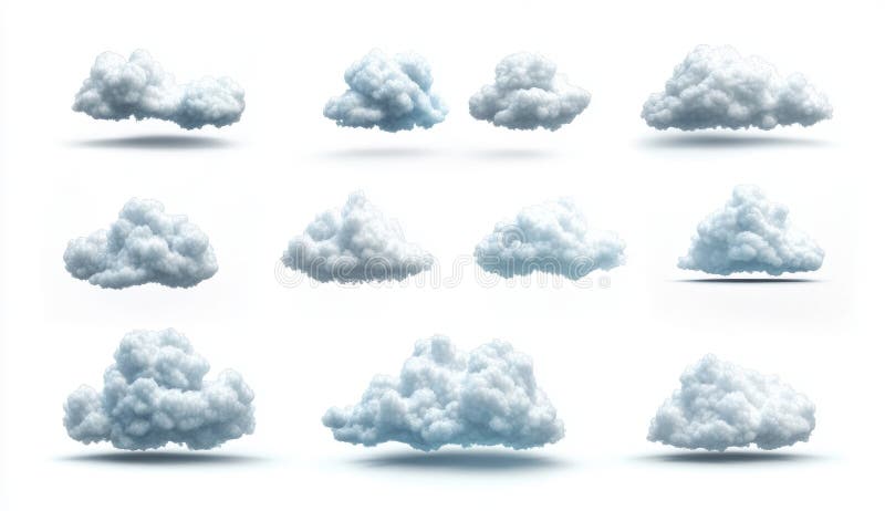 Twelve 3D Rendered Fluffy White Cumulus Clouds on White Background ...