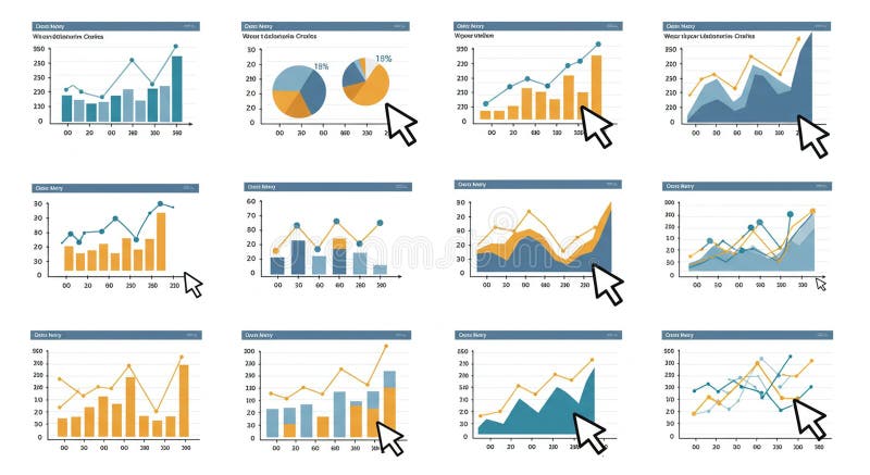 Twelve Graphs and Charts Featuring Bar, Line, and Pie Charts, Each with ...