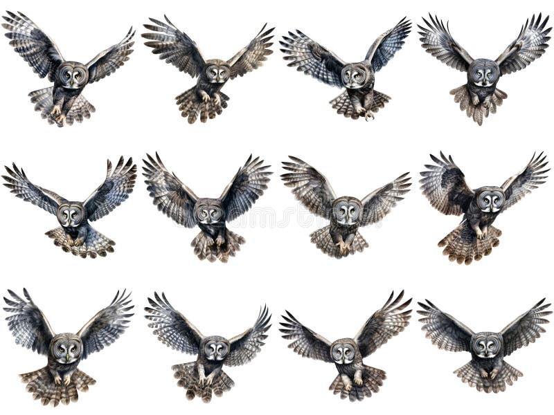 Twelve Gray Owls in Flight, Watercolor Illustration Stock Photo ...