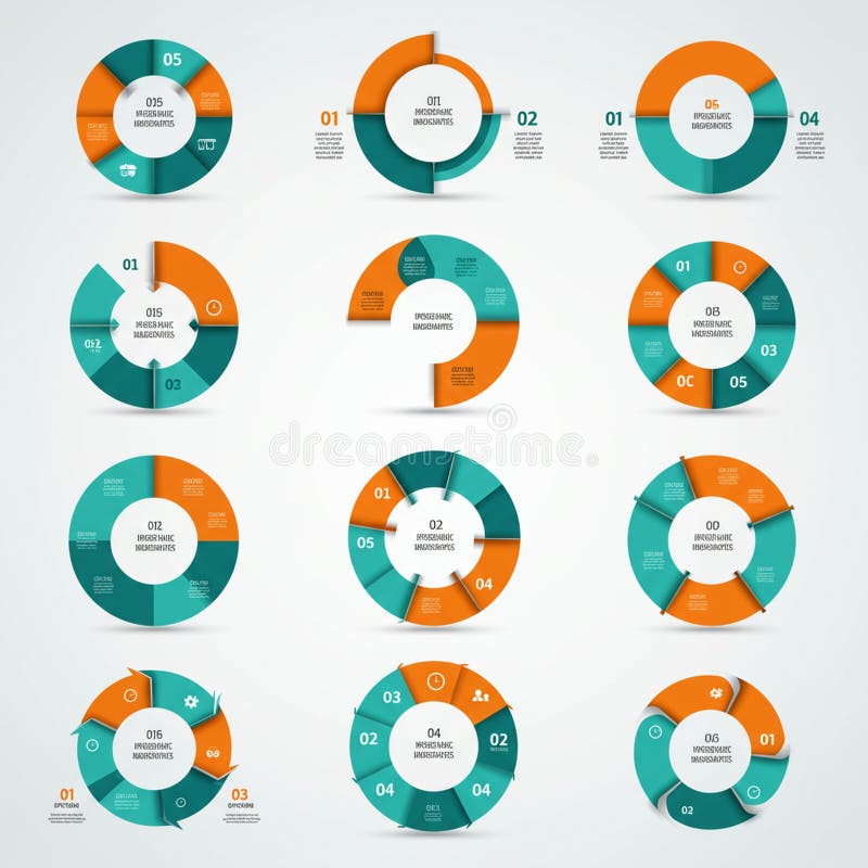 Twelve Infographic Pie Charts are Displayed, Combining Teal and Orange ...