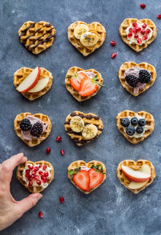 Twelve Mini Heart Shaped Waffles with Cream Cheese and Fruit Toppings ...