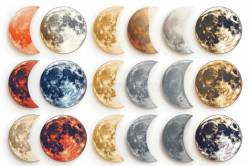 Twelve Moons with Varying Colors Illustrating Different Phases in a Set ...