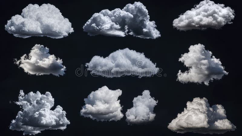 Twelve Realistic Cumulus Cloud Formations on Black Background Stock ...
