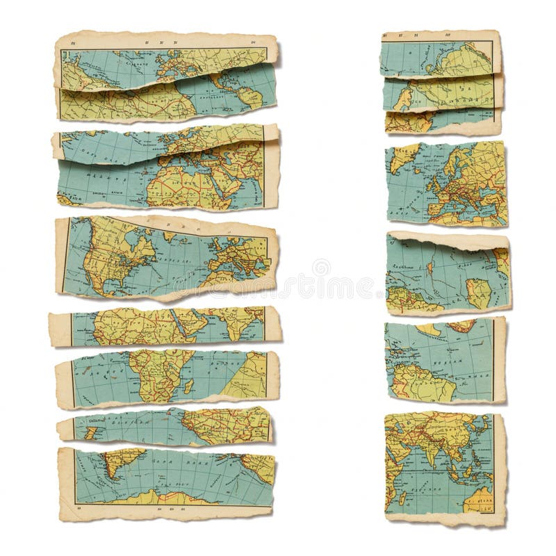 Twelve Torn Pieces of an Old World Map Display Various Parts of the ...