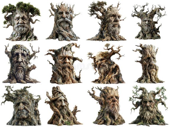 Twelve Tree Spirits with Human Faces and Beards Stock Image ...