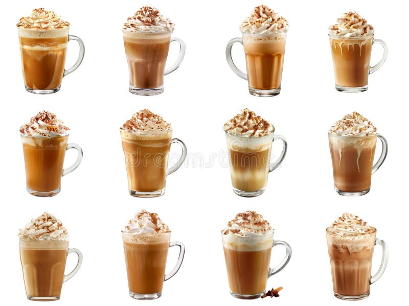 Twelve Variations of a Coffee Beverage with Whipped Cream and Cinnamon ...