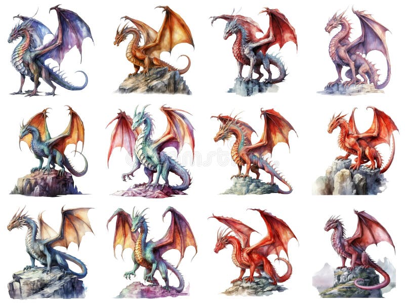 Twelve Watercolor Dragons Perched on Rock Formations Stock Image ...