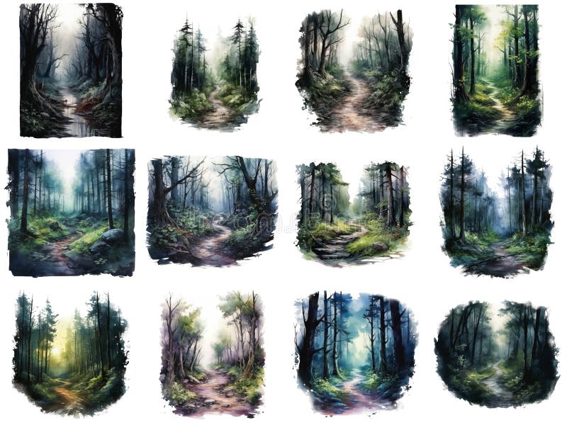 Twelve Watercolor Paintings of Forest Paths Stock Image - Illustration ...