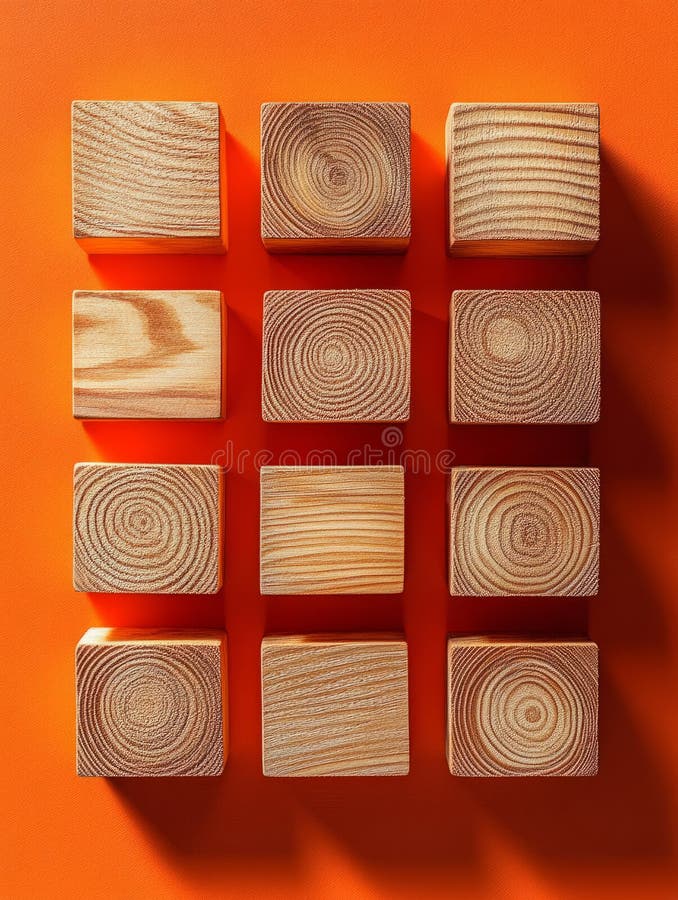 Twelve Wooden Blocks on Orange Background in Grid Pattern. Stock Photo ...