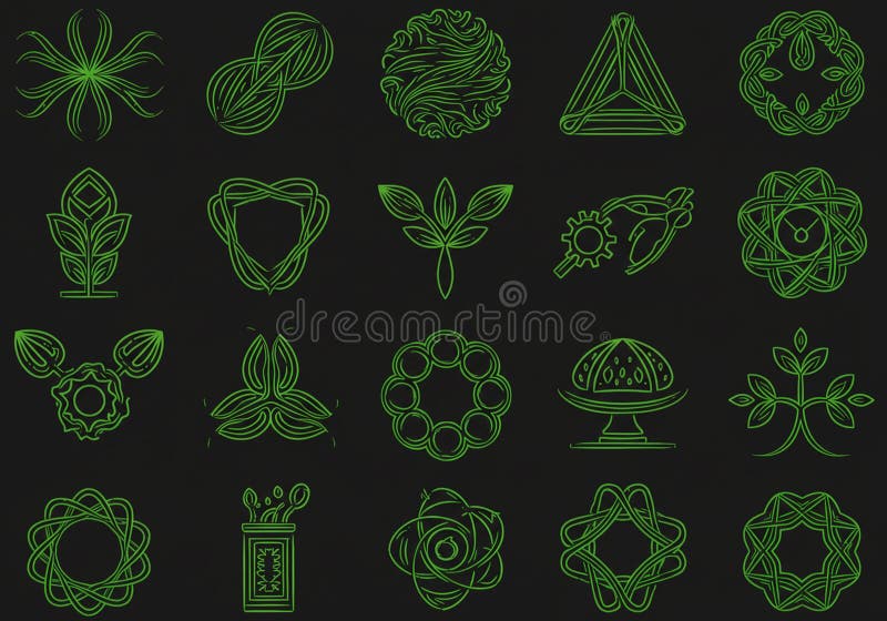 Twenty Abstract Green Line Drawings on a Black Background, Featuring ...