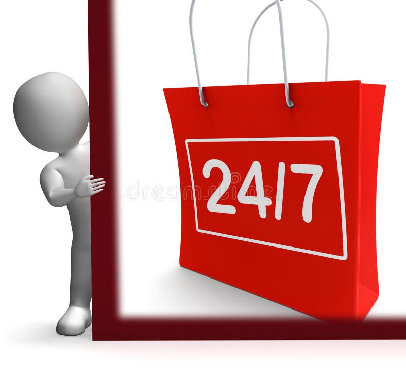 Twenty Four Seven Shopping Sign Shows Open 24/7 Stock Illustration ...