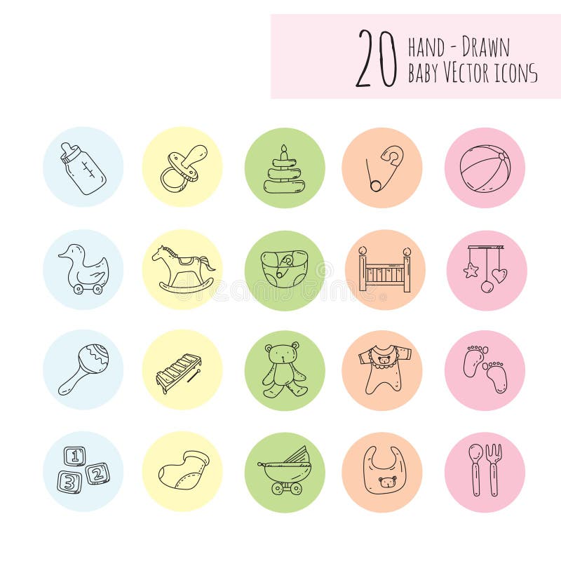 Twenty Hand-drawn Baby Icons. Vector Illustration Decorative Design ...