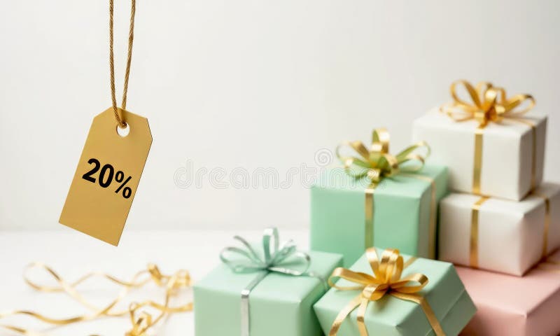 Twenty Per Cent Off Items with Pastel Coloured Gift Boxes on a White ...