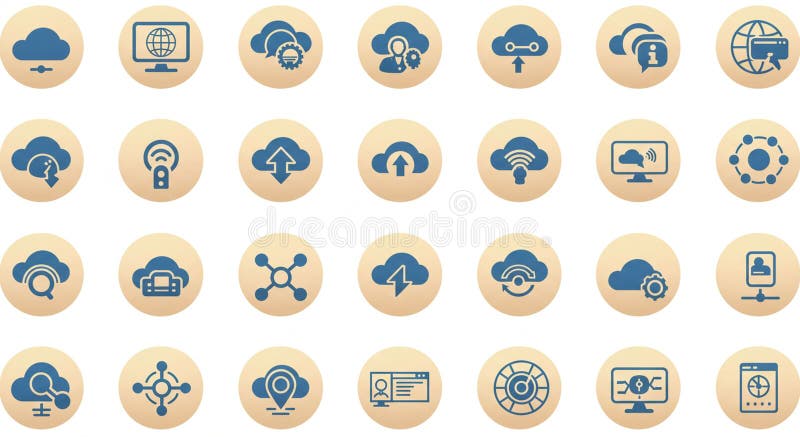 Twenty-seven Circular Icons Featuring Cloud Computing and Technology Concepts. Stock ...