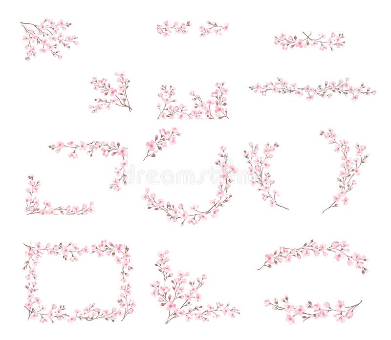 Sakura or Cherry Blossom Twigs Arranged in Border Line Vector ...