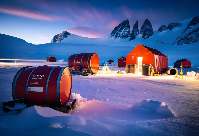 Twilight at Antarctic Base Surrounded by Towering Ice Cliffs and ...