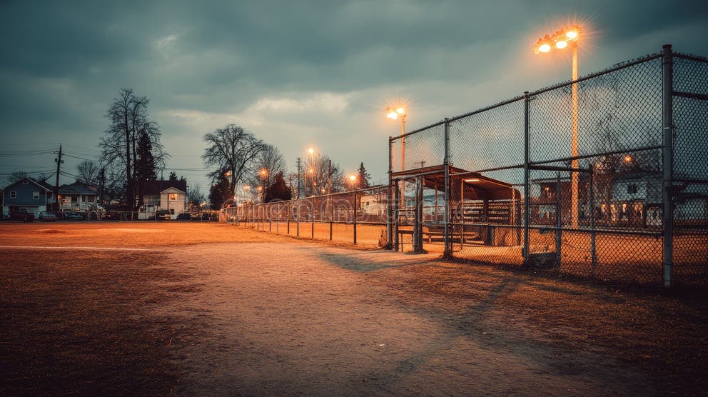 Twilight Baseball Park Scene with Lights and Dramatic Sky at Dusk Stock ...