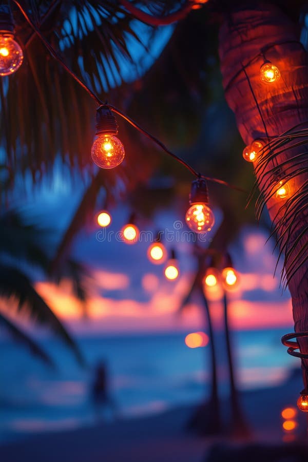 Twilight Beach Setting with Glowing String Lights Illuminating Palm ...