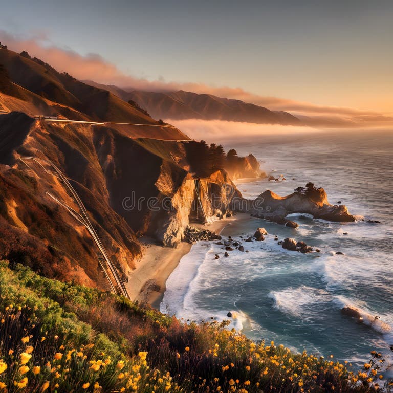 Twilight Beauty: Big Sur S Cliffs Embraced by Sunset Stock Illustration ...