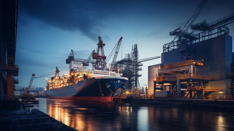 Twilight Capture of a Massive Cargo Ship Under Construction in Dry Dock ...