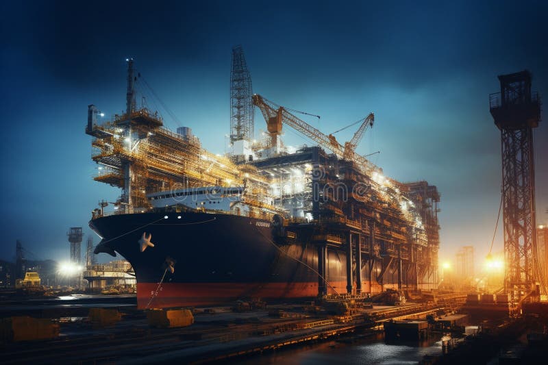 Twilight Capture of a Massive Cargo Ship Under Construction in Dry Dock ...