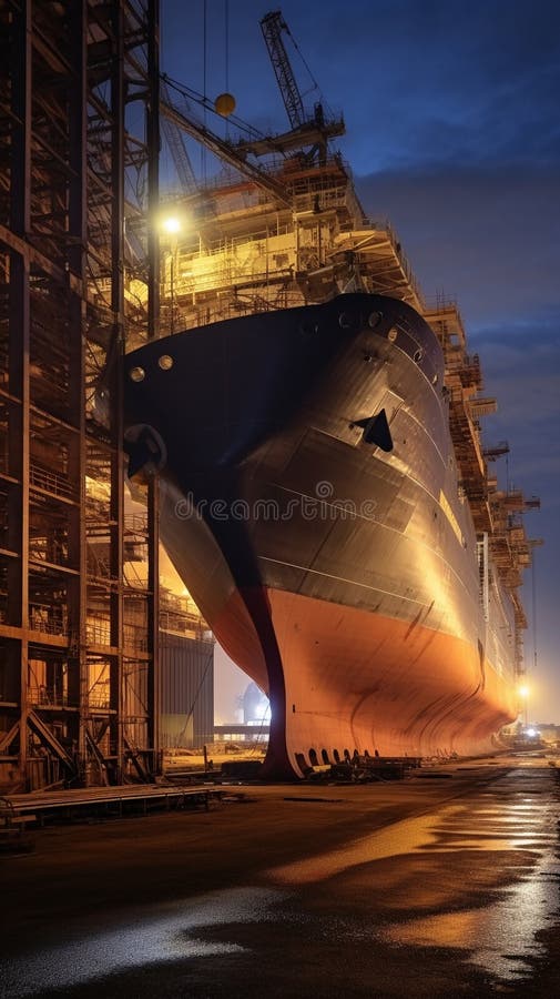 Twilight Capture of a Massive Cargo Ship Under Construction in Dry Dock ...