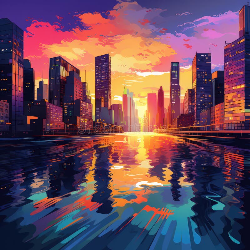 At Twilight the Cityscape Comes Alive with Colorful Reflections on the ...